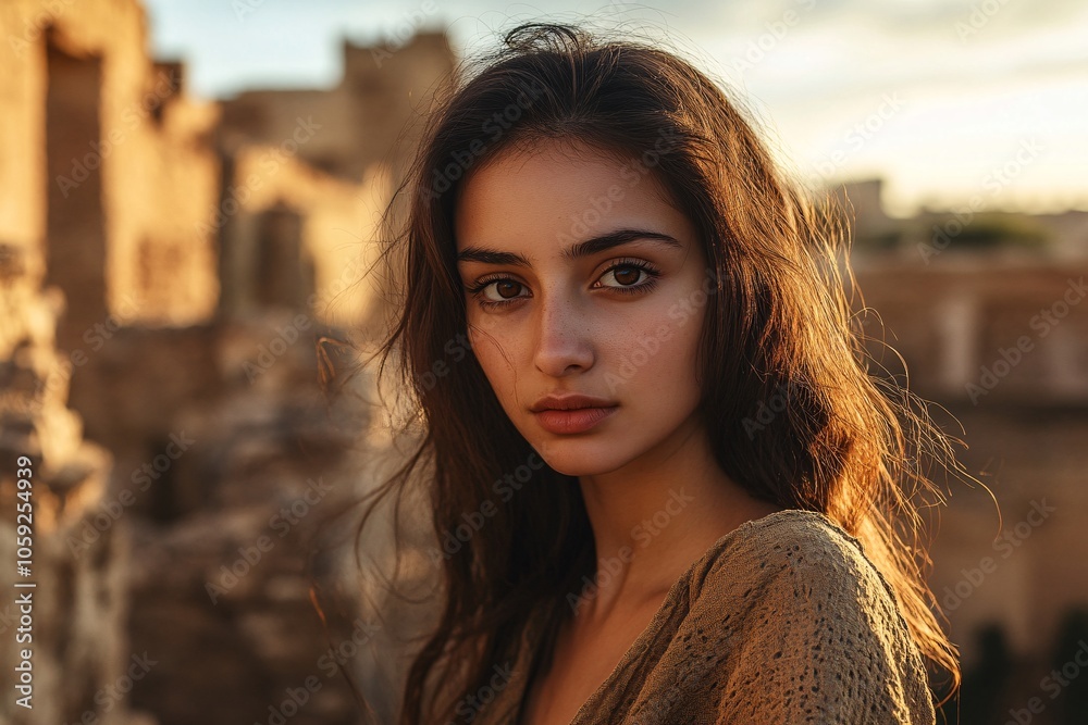 A young Algerian woman with expressive eyes, wearing casual attire ...