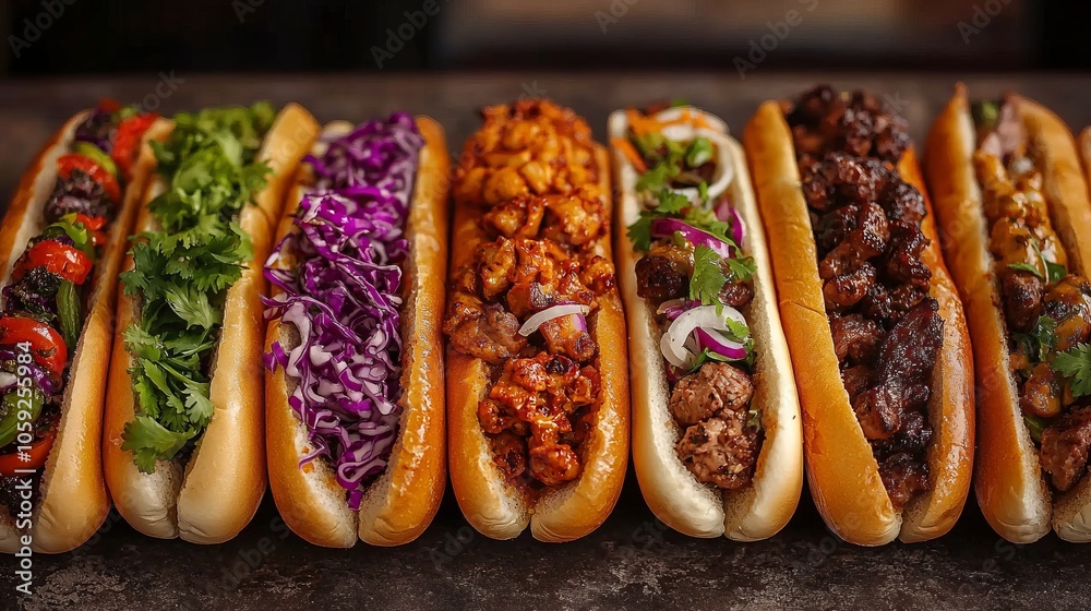 A close-up view of six different hot dogs with various toppings and ...