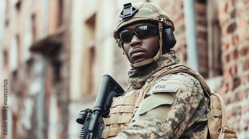 Military black sniper in camouflage, wearing a tactical helmet and vest ...
