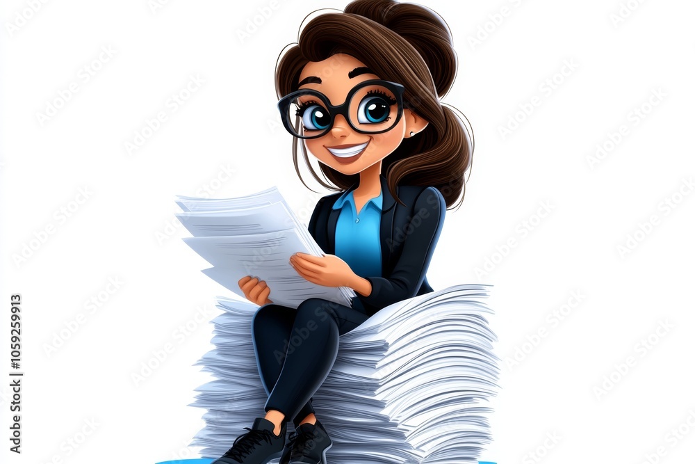 a 2D cartoon illustration of a teacher with a stack of graded papers ...