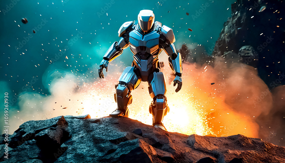 Astronaut, alien, robot in armored spacesuit in action on on asteroid ...