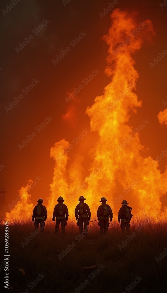 Firefighters battling a large wildfire at dusk, silhouetted against ...