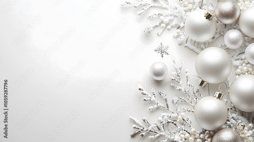 Elegant Christmas corner border with white and silver ornaments on a ...