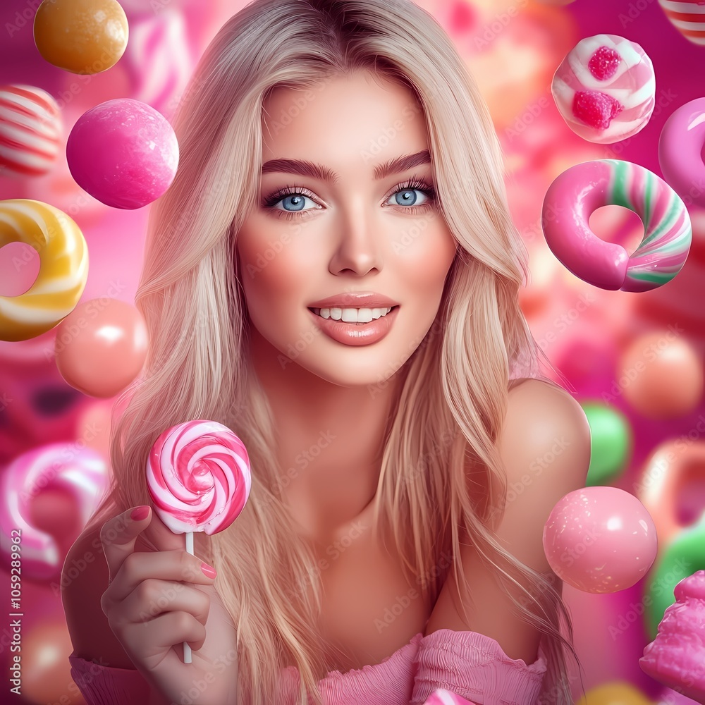 Beautiful lady with colorful lollipop candy on the pink background with ...