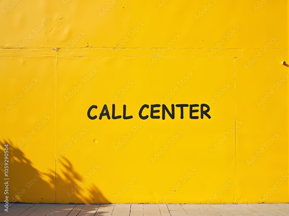 Bright yellow wall with clear call center signage in urban setting ...