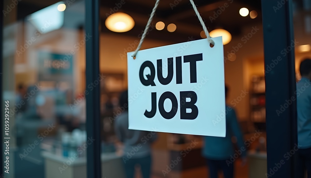 A bold quit job sign hanging in the window of a retail store on a busy ...