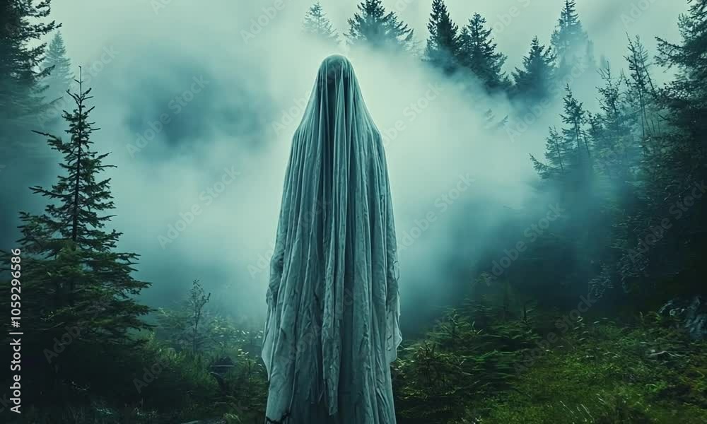 A ghostly figure shrouded in mist stands among dark forest trees. Stock ...