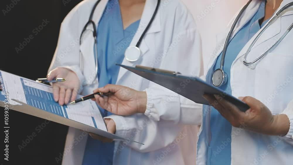 Team, medical analysts and doctors consulting with paperwork of graphs ...