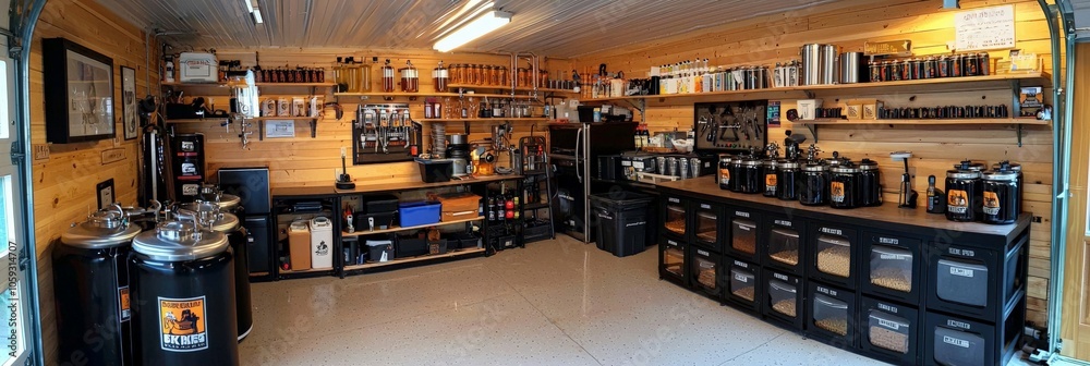 A well-organized home brewing setup in a garage, featuring glass ...