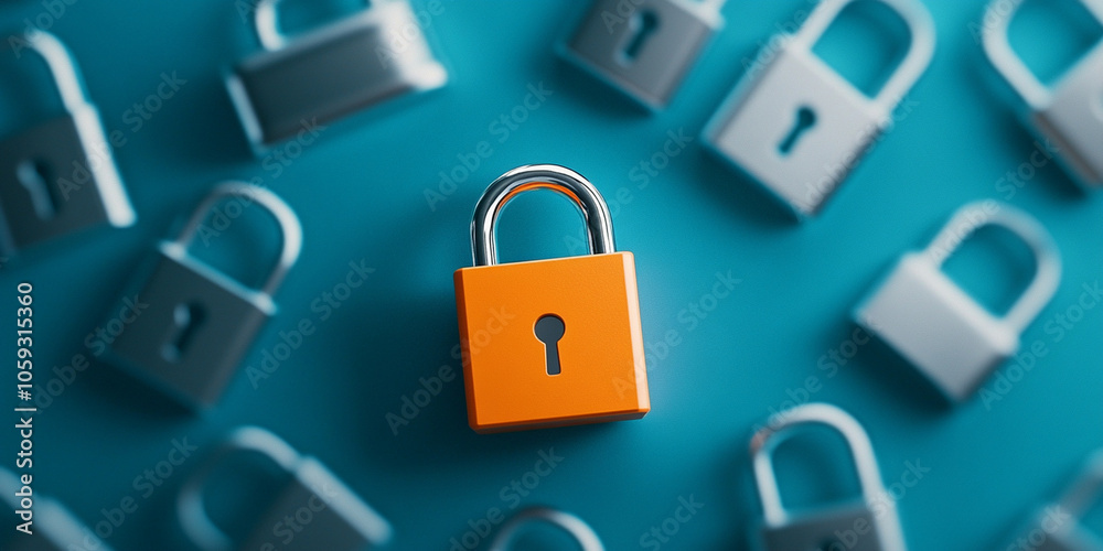 Bright orange lock stands out among silver locks on blue background ...