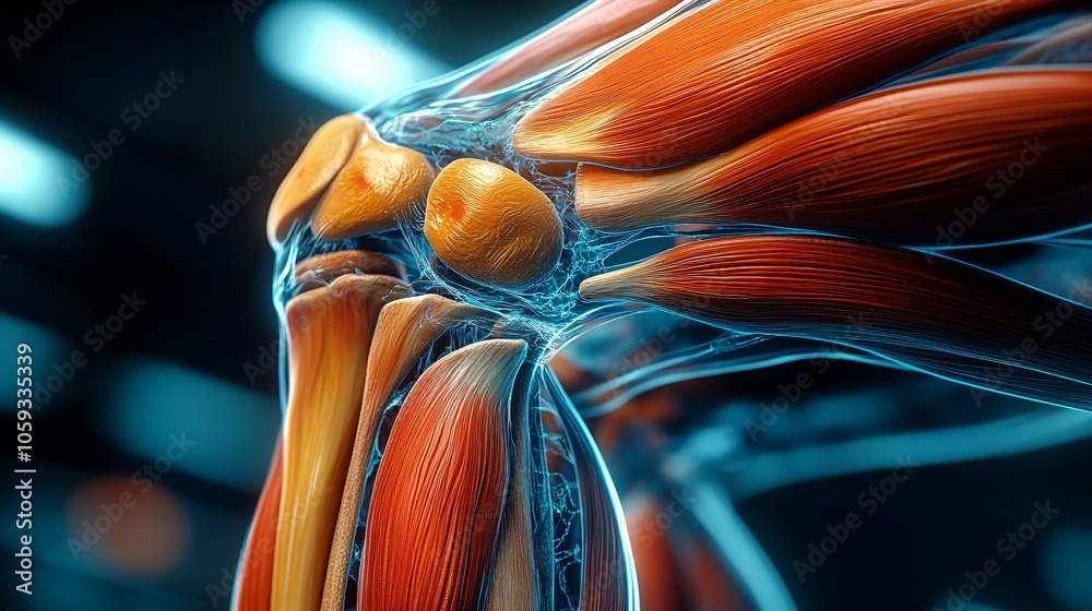 Detailed view of knee anatomy highlighting muscles and bones, relevant ...