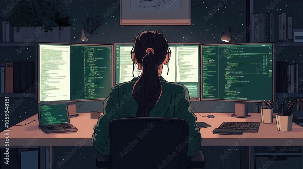Female coder at desk, intense focus, multiple monitors glowing, power ...