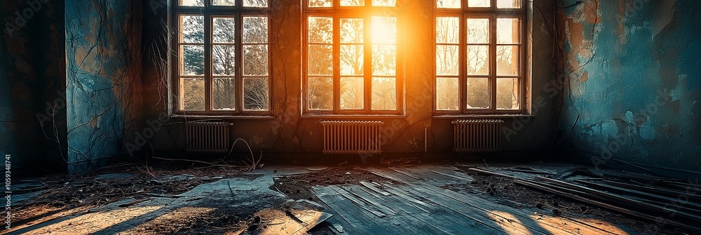 An abandoned room filled with sunlight streaming through old windows ...