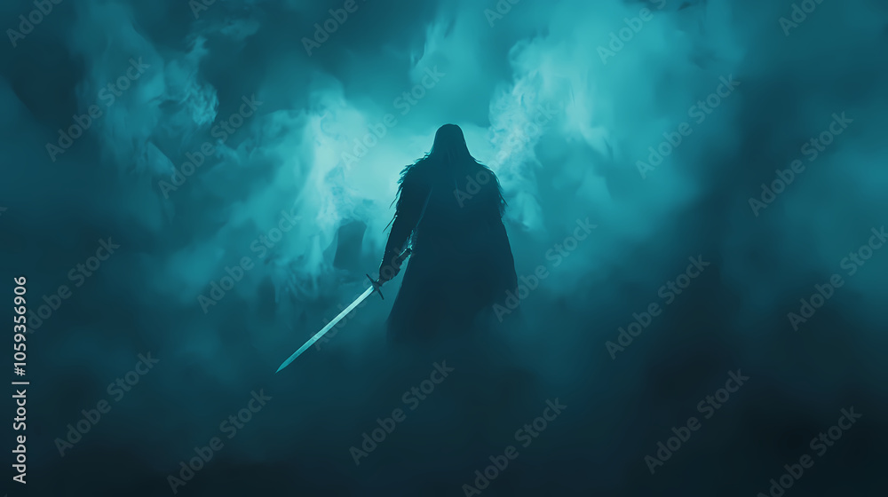 Undead knight emerges from the shadows wielding a sword amidst ethereal ...
