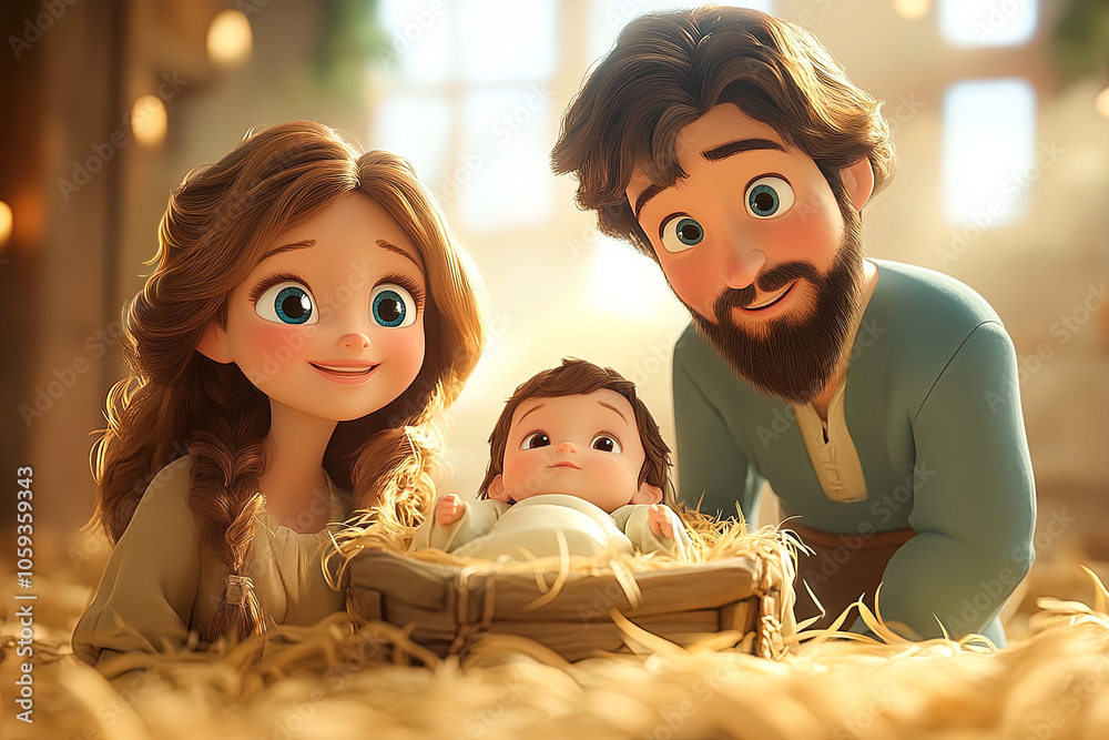 Cute cartoon image of Virgin Mary and St. Joseph with baby Jesus lying ...