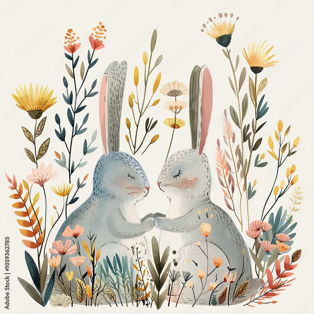 Two rabbits sitting in a clearing surrounded by different grassy plants ...