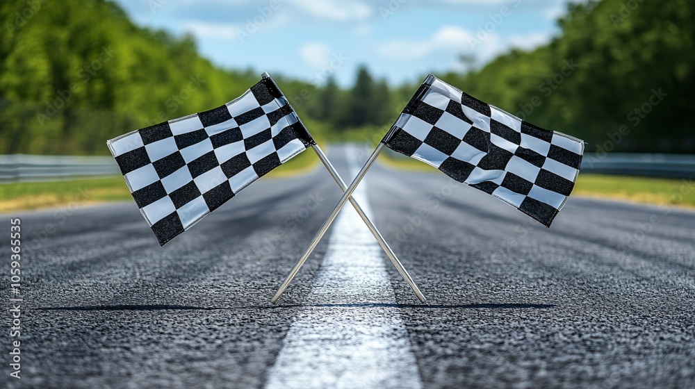 Two crossed checkered flags symbolize the finish line on a race track ...