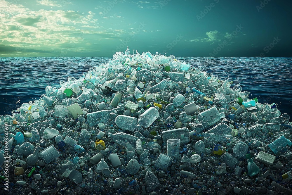 Plastic Mountain in the Ocean Digital Painting of Plastic Waste in the ...