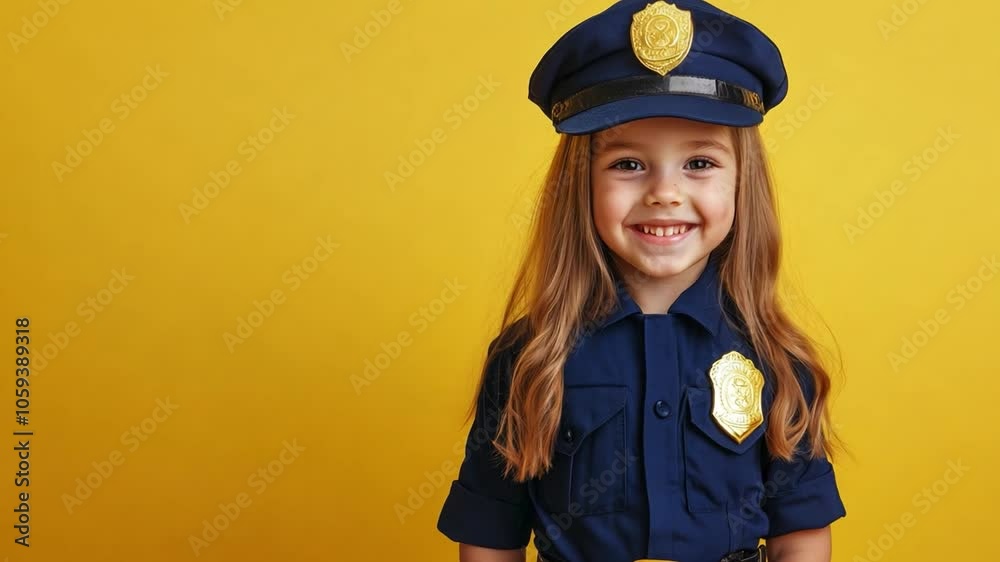 A child girl dressed in a blue police uniform and cap showcases a ...