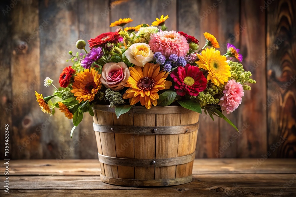 Beautiful arrangement of seasonal flowers in a vintage-inspired wooden ...