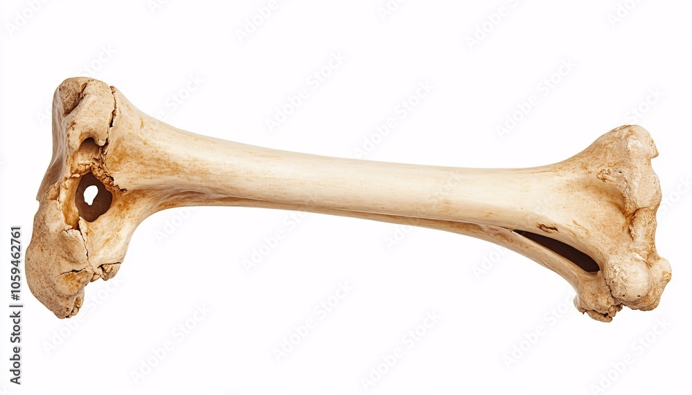 Isolated femur bone showcasing human skeletal anatomy on a solid white ...