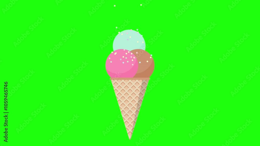 Sweet ice cream animation. Ice cream cone animation. Ice cream cone with topping and colorful ...