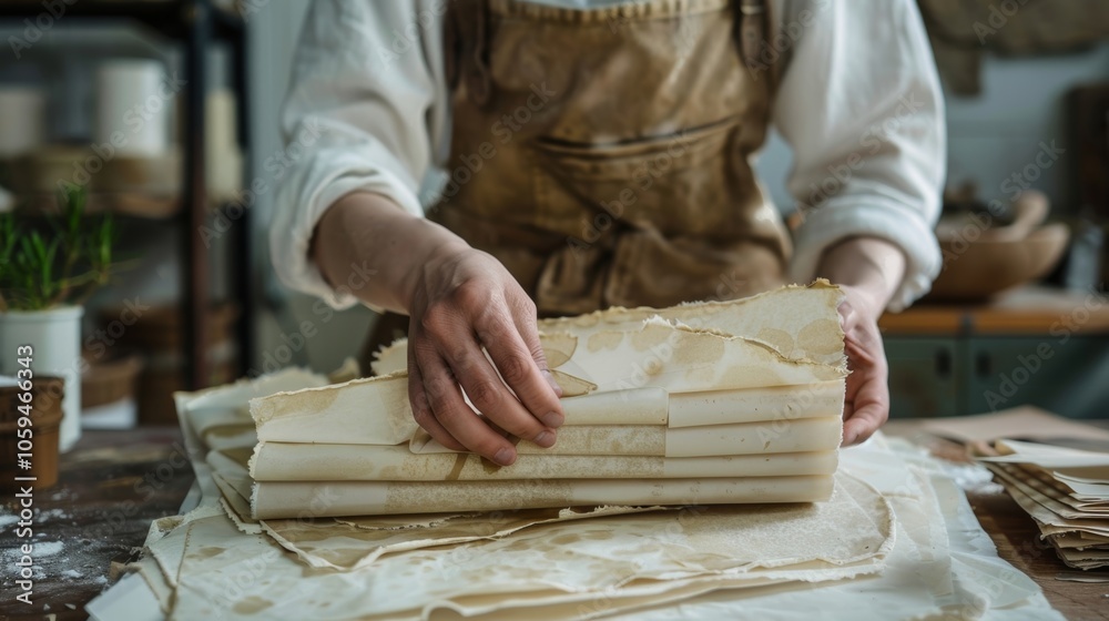 An exhibitor demonstrating how to make paper from scratch using ...