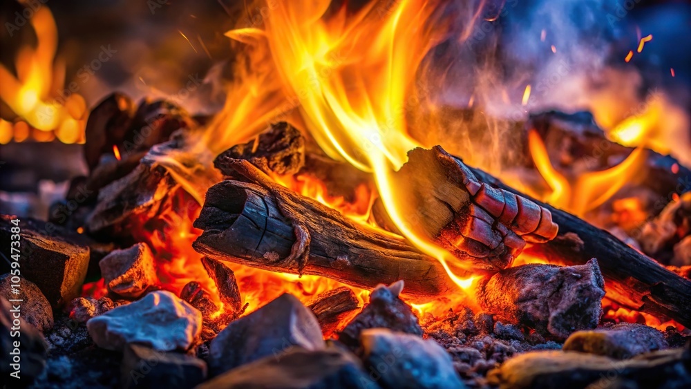 Softly glowing embers in a stone hearth crackle and spew wisps of smoke ...