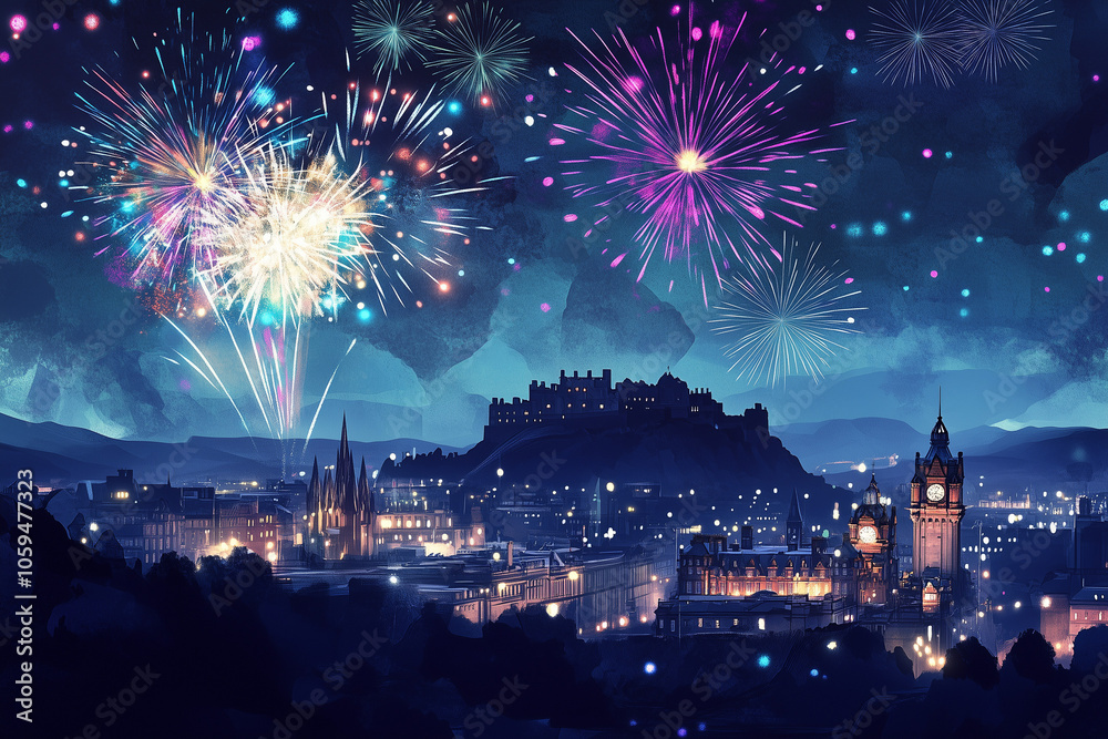 bright and colorful fireworks exploding over Edinburgh Castle during ...