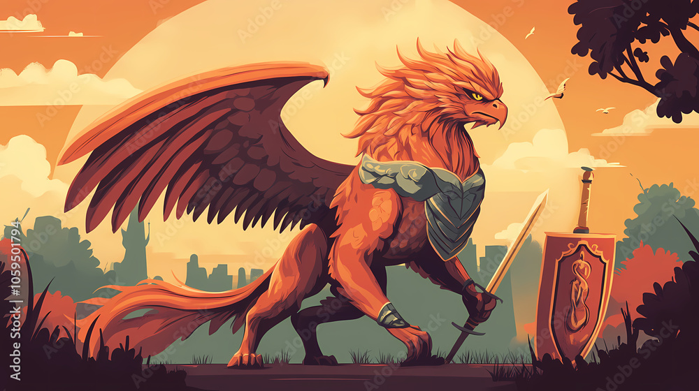 Griffin warrior. a mythical griffin, a creature with the head and wings ...