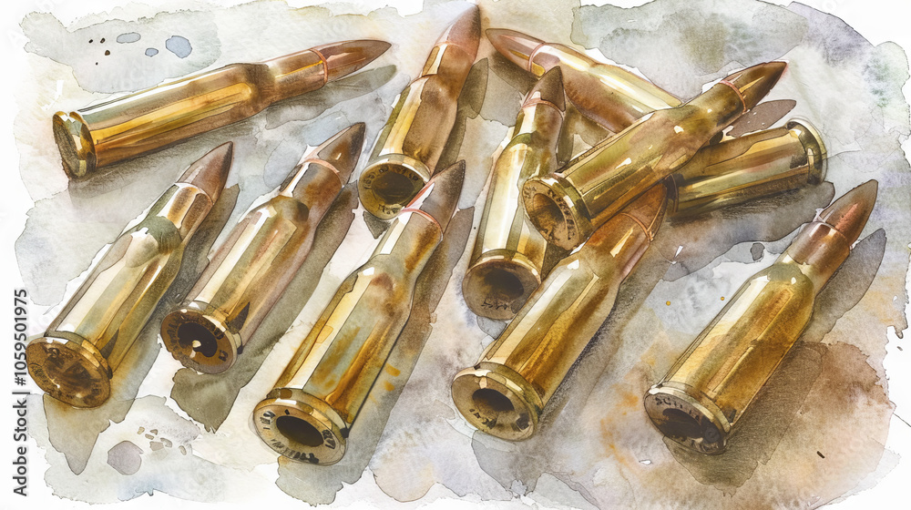 Watercolor illustration of various bullets spread out on a white background. Concept of ...
