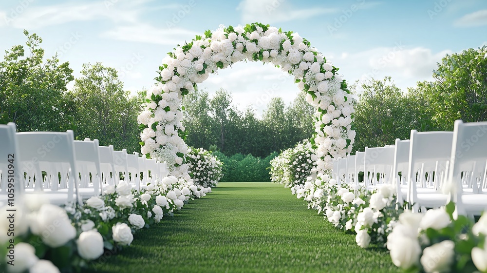 Elegant Arch in a Garden Ceremony A grand flower-covered arch made of ...
