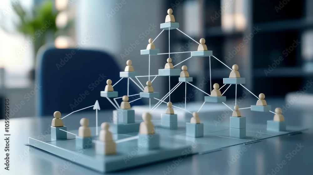 Corporate team structure displayed with 3D figures in an office setting ...