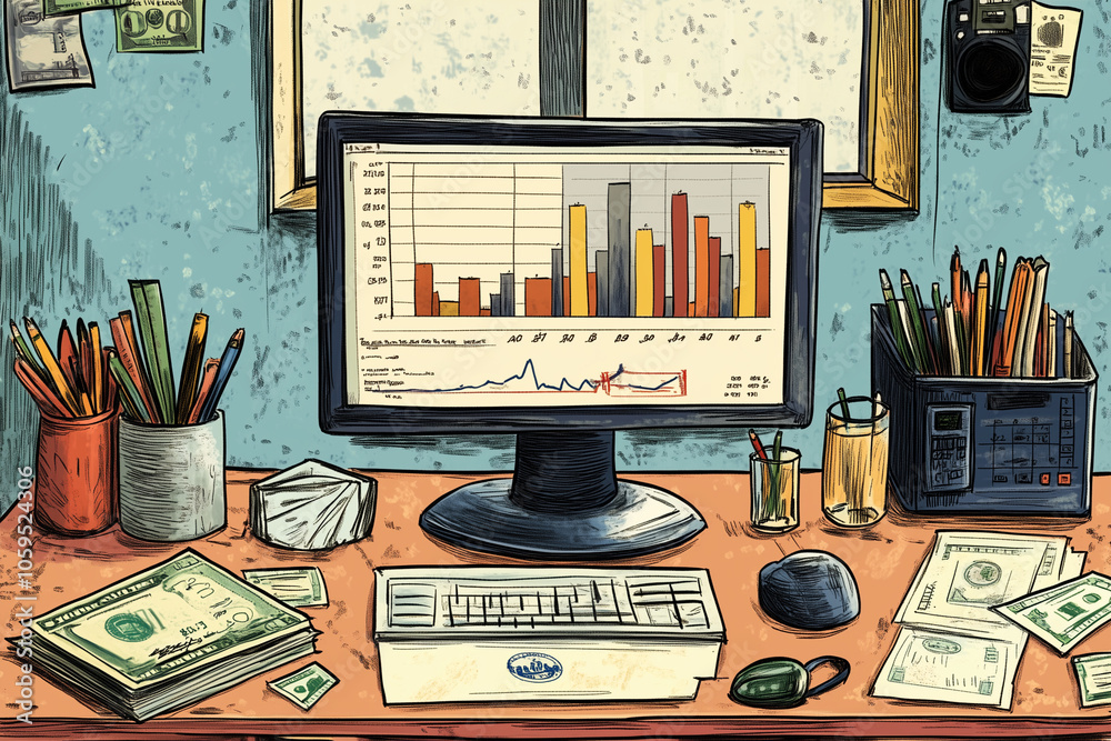 computer monitor is on a desk with a potted plant and a stack of bills ...