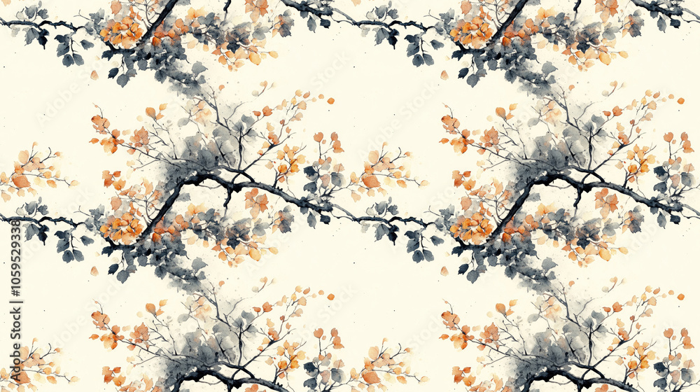 Watercolor and ink illustration of tree foliage in traditional sumi e ...