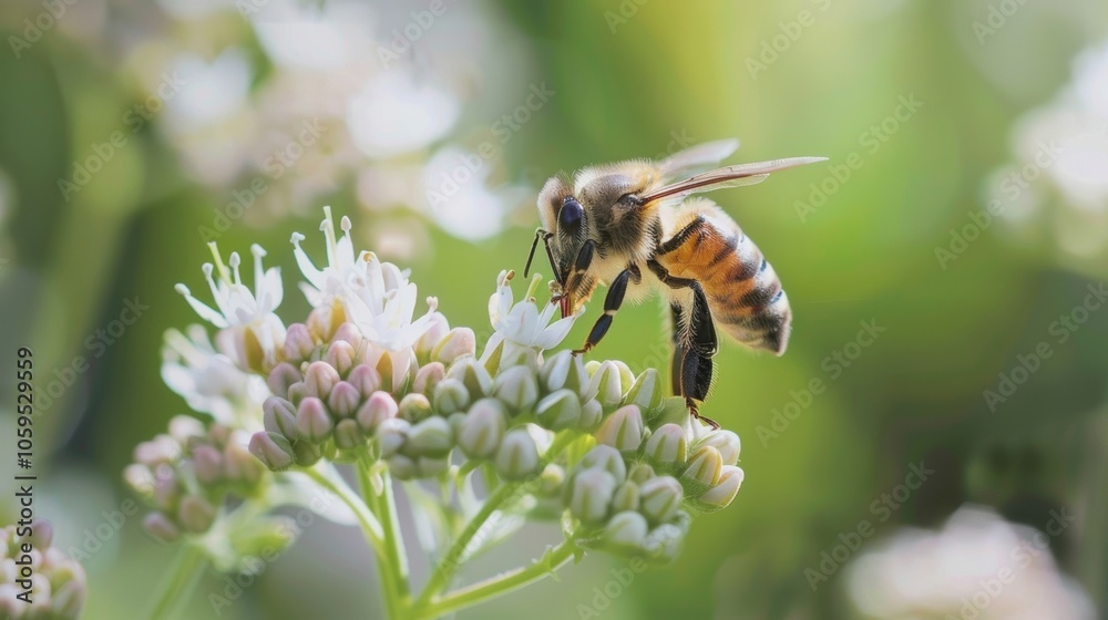 Honey bee is gathering pollen from white flowers with a blurred green ...