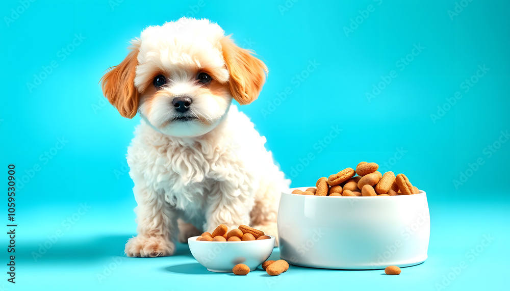 Toy poodle with empty bowl and - Concept of dog food nutrition and diet ...