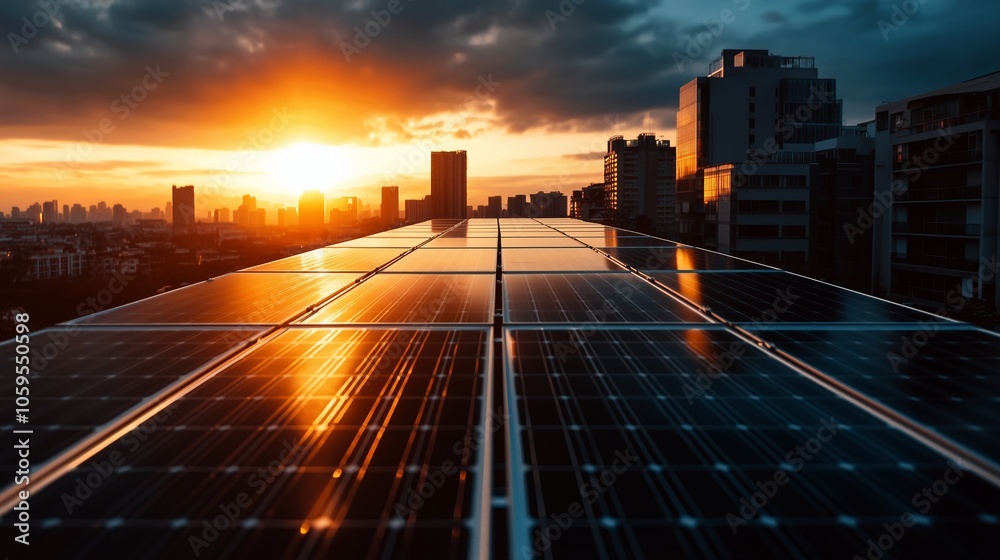 Campi di pannelli solari al tramonto simboleggiano l'energia pulita e ...