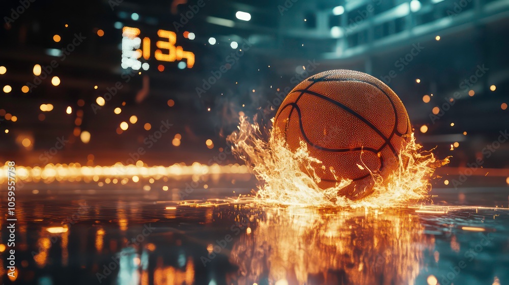 Dynamic basketball on fire with sparks on a professional court ...