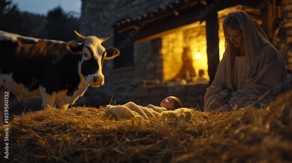 A warm nativity scene of Mary with baby Jesus lying in a manger, with a ...