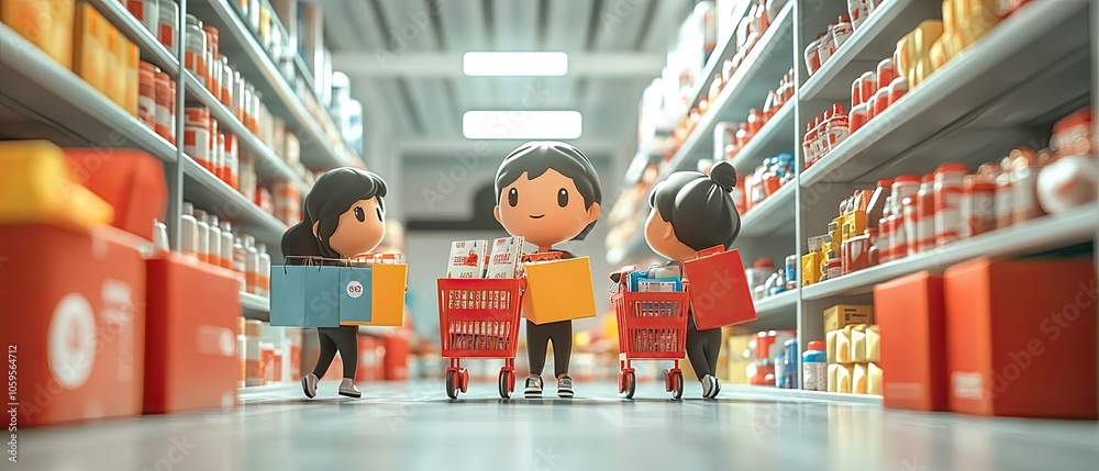 Three cartoon characters with shopping carts in a grocery store aisle ...