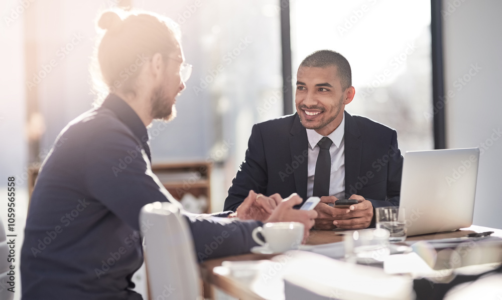 Business people, conversation and laptop with meeting, teamwork and ...