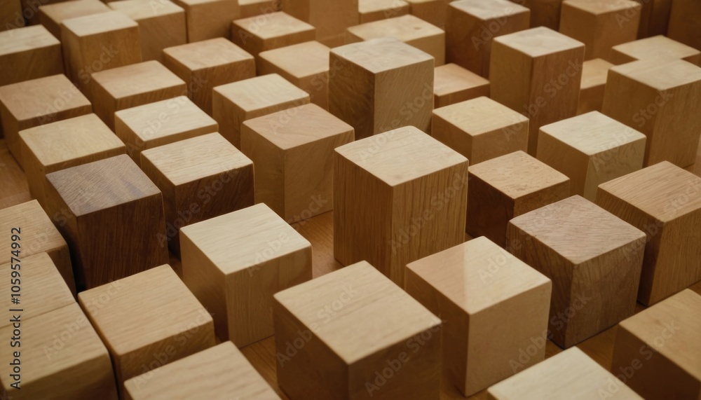 A structured hierarchy of different-sized wooden blocks arranged on a ...