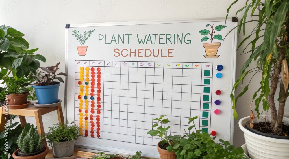 High-resolution image of a whiteboard with a plant watering schedule ...