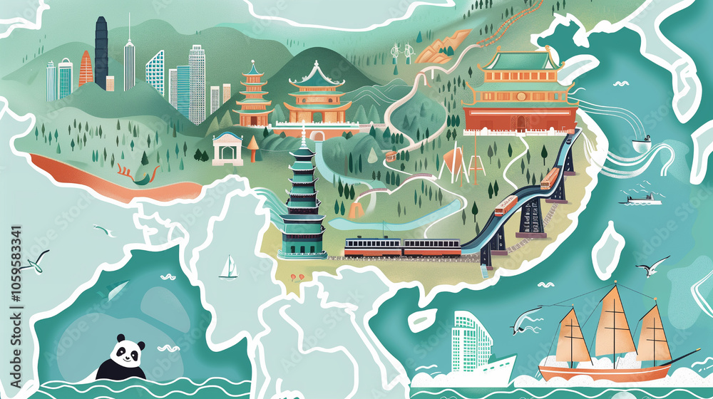 A vibrant illustrated map of China features its landscapes, including ...