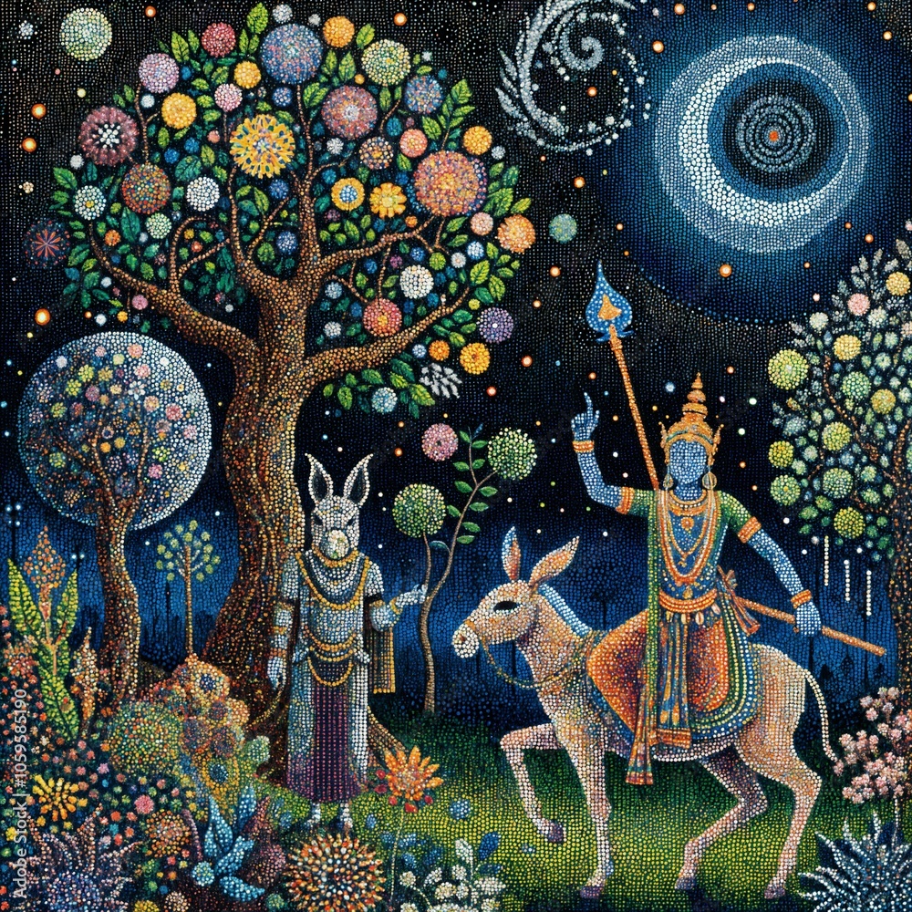A mythical setting depicts a blue-skinned figure riding a donkey ...