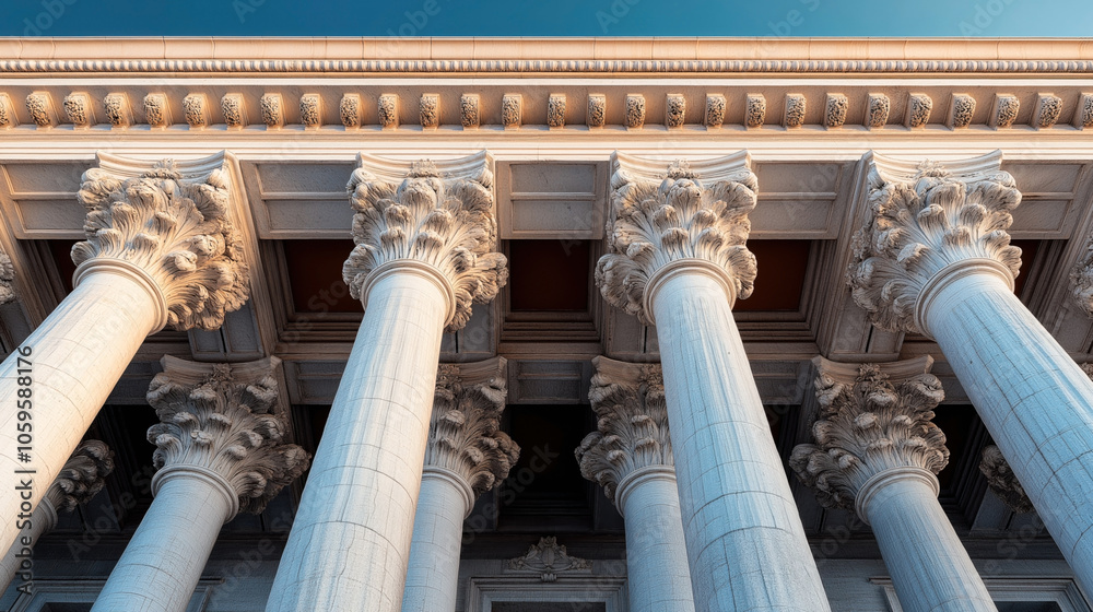 Low angle view of neoclassical columns with ornate Corinthian capitals ...