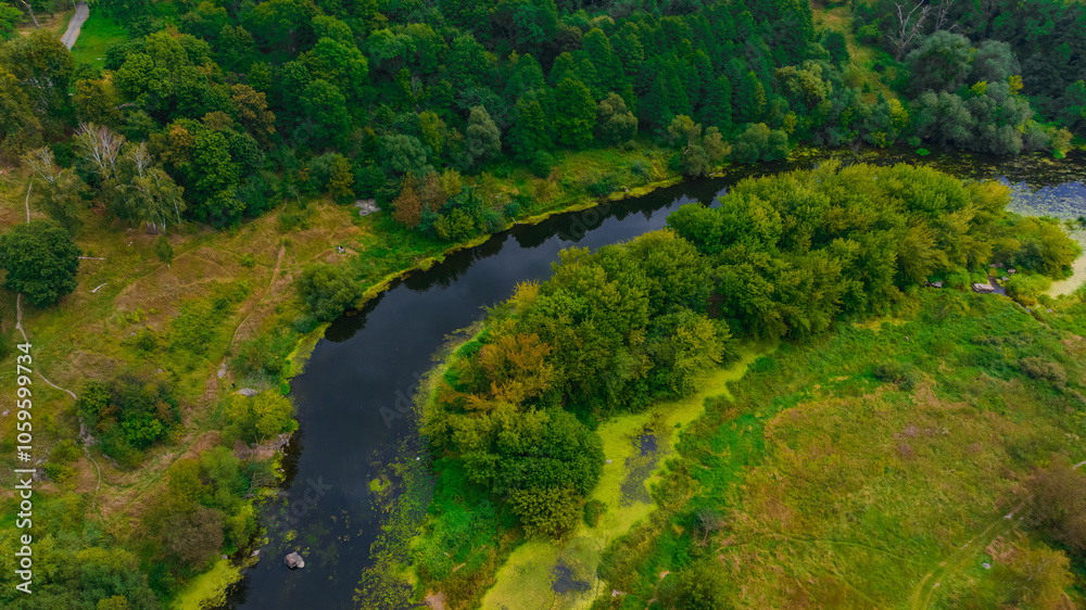 summer outdoor drone view landscape country side environment of river ...