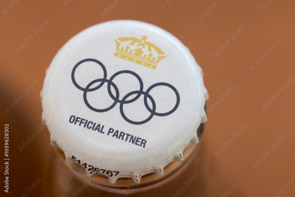 LONDON, UK - October 2024 : The Olympic symbol, made up of five ...