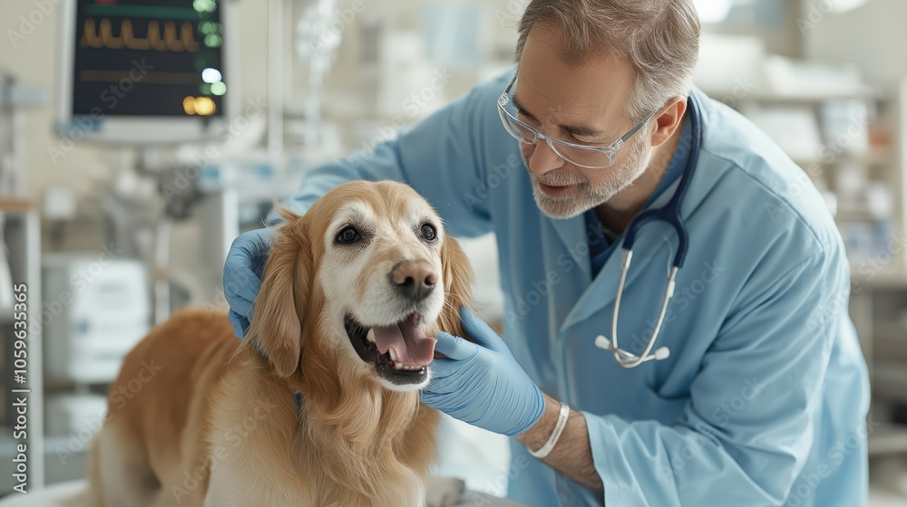 Veterinarian examining a happy dog in a veterinary clinic, wearing blue ...